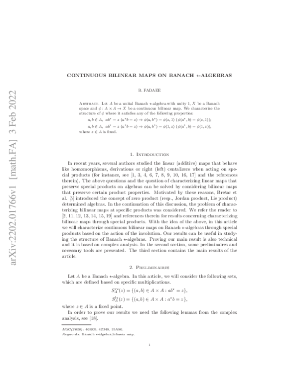 (PDF) Continuous bilinear maps on Banach $\star$-algebras