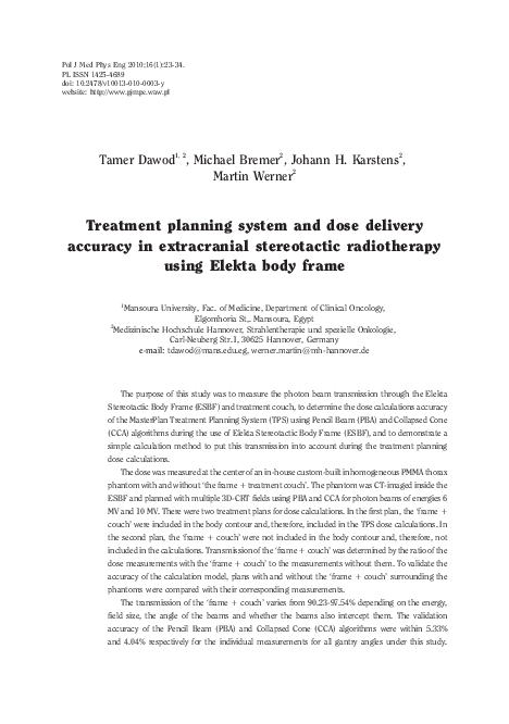 (PDF) Treatment planning system and dose delivery accuracy in ...
