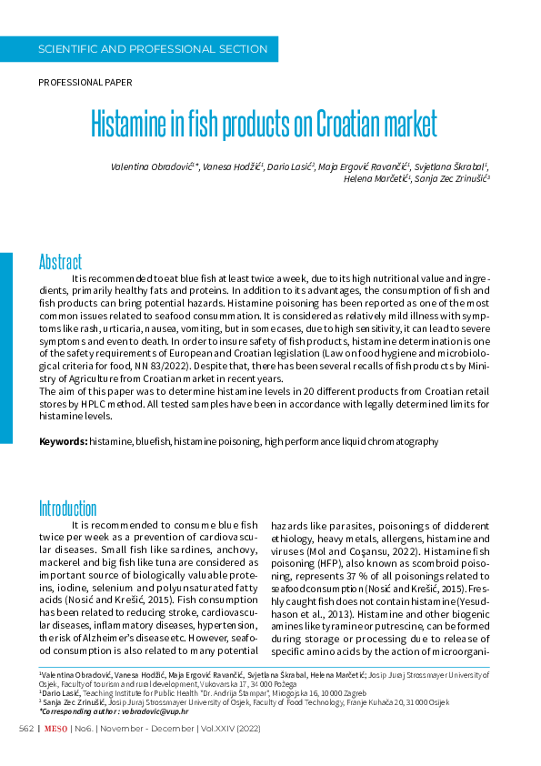 (PDF) Histamine in fish products on Croatian market