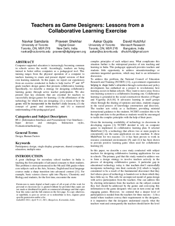 (PDF) Teachers as Game Designers: Lessons from a Collaborative Learning Exercise