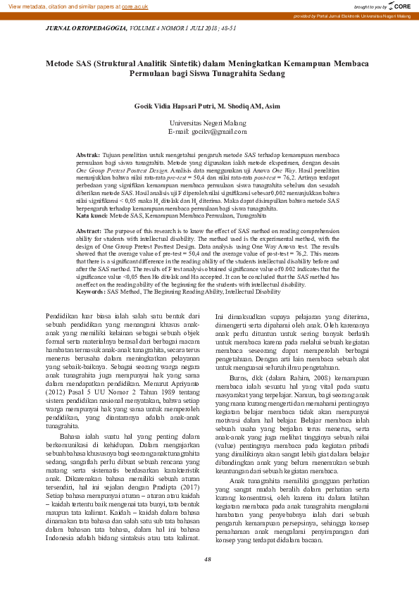 (PDF) Metode SAS (Struktural Analitik Sintetik) dalam Meningkatkan Kemampuan Membaca Permulaan ...
