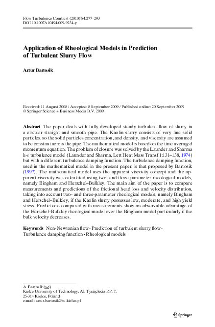 (PDF) Application of Rheological Models in Prediction of Turbulent Slurry Flow