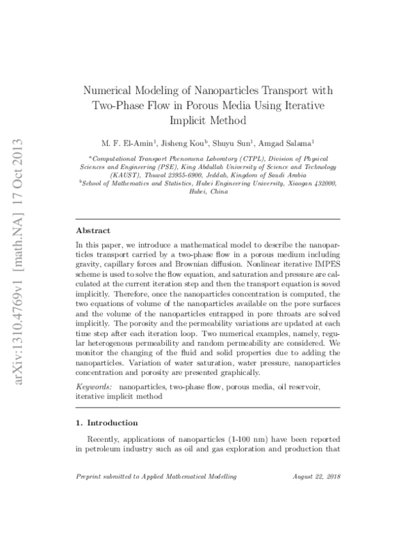 (PDF) Numerical Modeling of Nanoparticles Transport with Two-Phase Flow in Porous Media Using ...