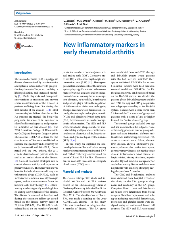 (PDF) New inflammatory markers in early rheumatoid arthritis