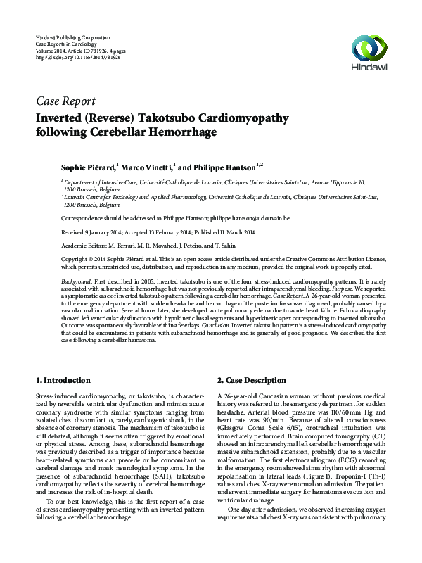 (PDF) Inverted (Reverse) Takotsubo Cardiomyopathy following Cerebellar Hemorrhage