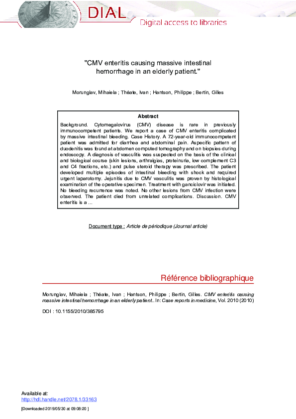 (PDF) CMV Enteritis Causing Massive Intestinal Hemorrhage in an Elderly ...