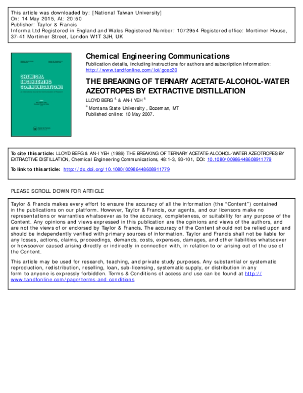 (PDF) The Breaking of Ternary Acetate-Alcohol-Water Azeotropes by ...