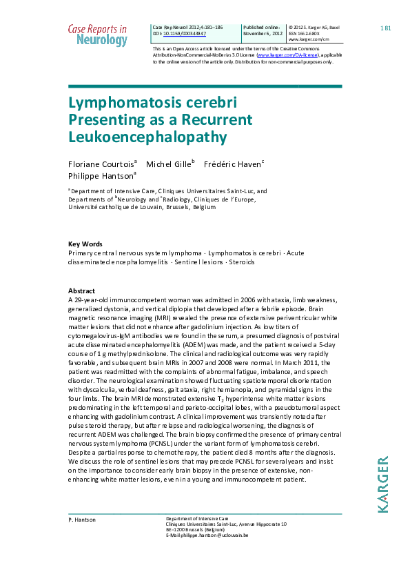 (PDF) Lymphomatosis cerebri Presenting as a Recurrent Leukoencephalopathy
