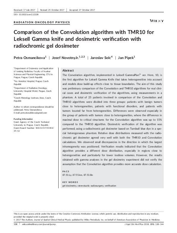 (PDF) Comparison of the Convolution algorithm with TMR10 for Leksell Gamma knife and dosimetric ...