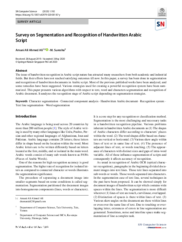 Survey On Segmentation And Recognition Of Handwritten Arabic Script