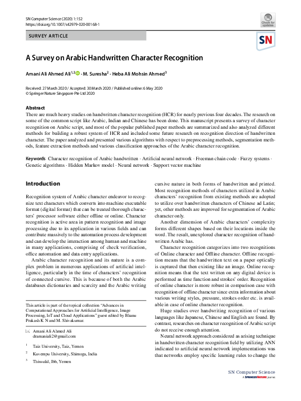 (PDF) A Survey on Arabic Handwritten Character Recognition
