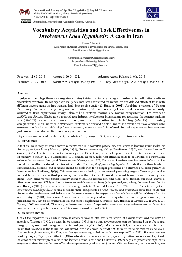 (PDF) Vocabulary Acquisition and Task Effectiveness in Involvement Load ...