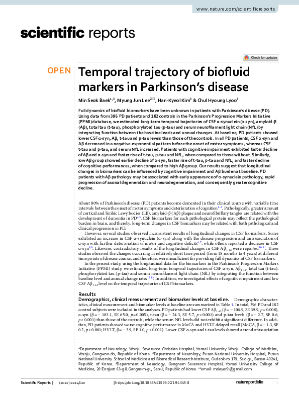 (PDF) Temporal trajectory of biofluid markers in Parkinson’s disease