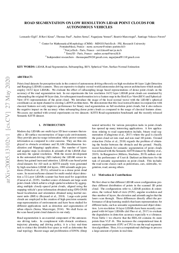 (PDF) Road Segmentation on low resolution Lidar point clouds for autonomous vehicles