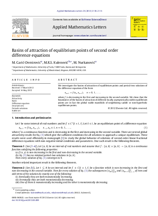 (PDF) Basins of attraction of equilibrium points of second order difference equations
