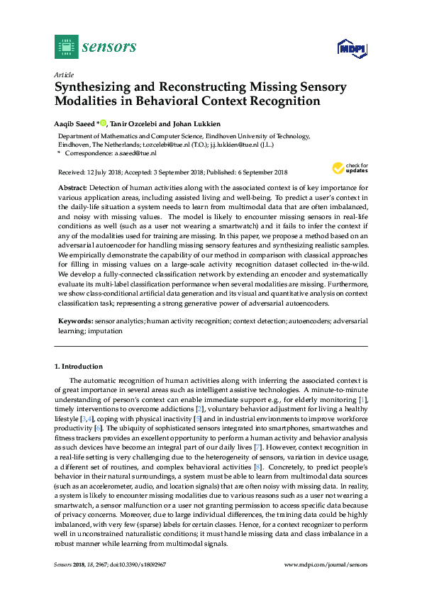 (PDF) Synthesizing and Reconstructing Missing Sensory Modalities in Behavioral Context Recognition
