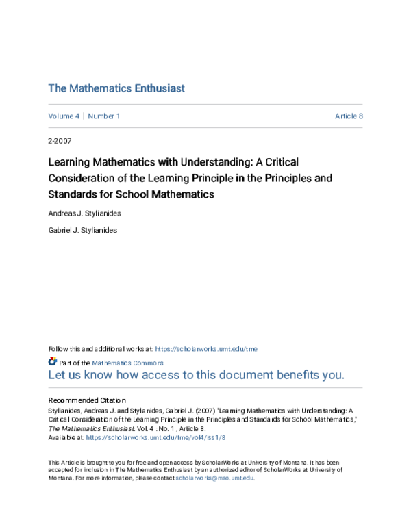 (PDF) Learning Mathematics with Understanding: A Critical Consideration ...