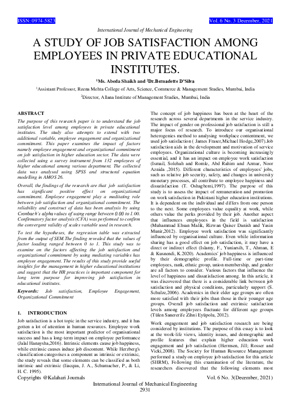 (PDF) A STUDY OF JOB SATISFACTION AMONG EMPLOYEES IN PRIVATE ...