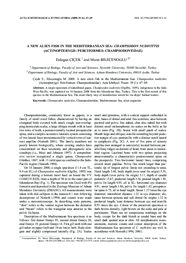 (PDF) A new alien fish in the Mediterranean Sea: Champsodon nudivittis ...