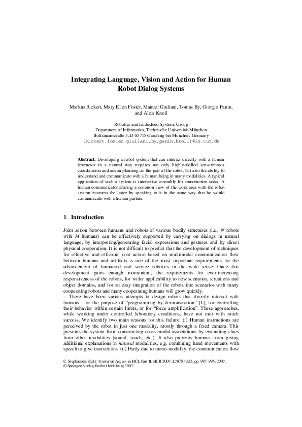 (PDF) Integrating Language, Vision and Action for Human Robot Dialog Systems