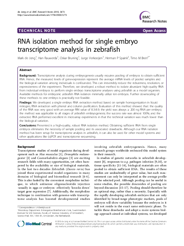 (PDF) RNA isolation method for single embryo transcriptome analysis in zebrafish