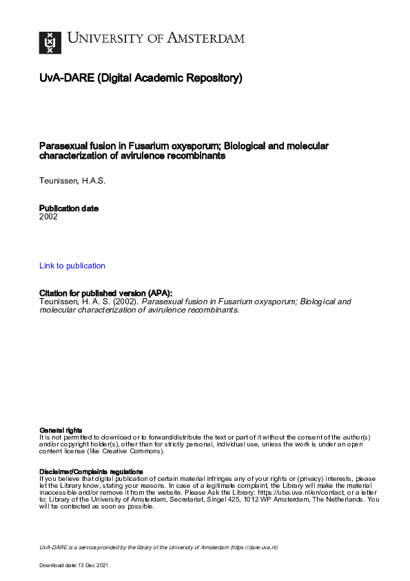 (PDF) UvA-DARE ( Digital Academic Repository ) Parasexual fusion in Fusarium oxysporum ...