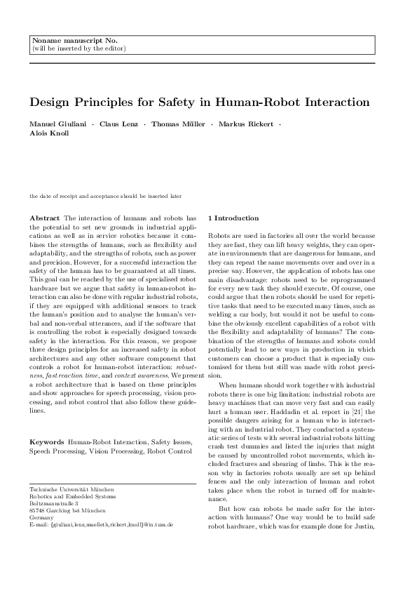 (PDF) Design Principles for Safety in Human-Robot Interaction