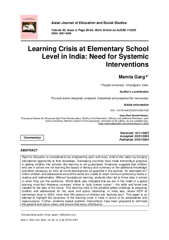 (PDF) Learning Crisis at Elementary School Level in India: Need for ...