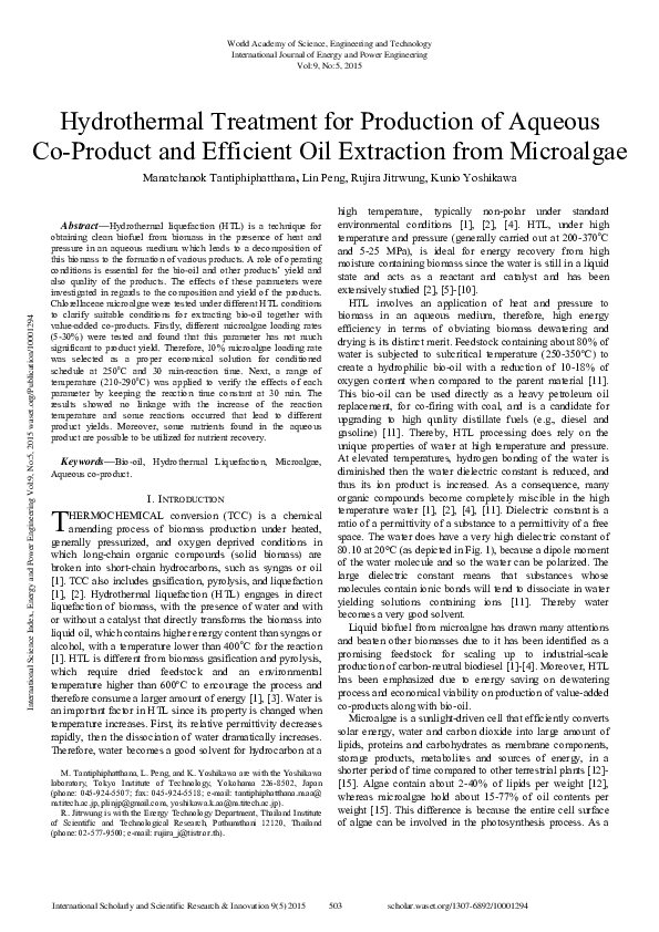 (PDF) Hydrothermal Treatment for Production of Aqueous Co-Product and Efficient Oil Extraction ...