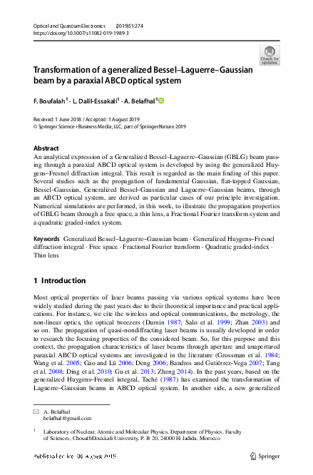 Pdf Transformation Of A Generalized Bessel Laguerre Gaussian Beam By A Paraxial Abcd Optical