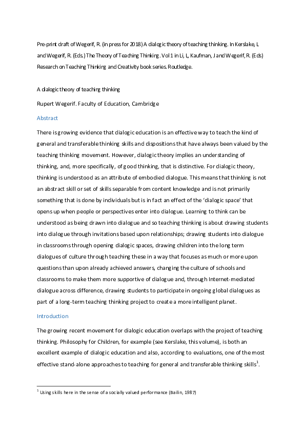 (PDF) A dialogic theory of teaching thinking