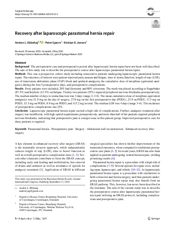 (PDF) Recovery after laparoscopic parastomal hernia repair