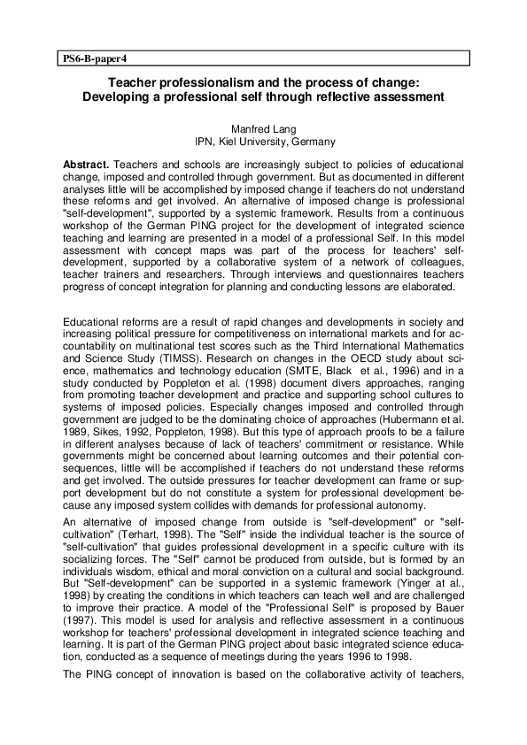 (PDF) Teacher professionalism and the process of change: Developing a professional self through ...