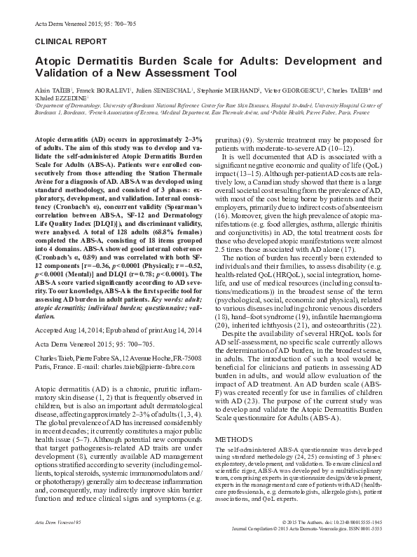 (PDF) Atopic Dermatitis Burden Scale - Adult: Development and ...