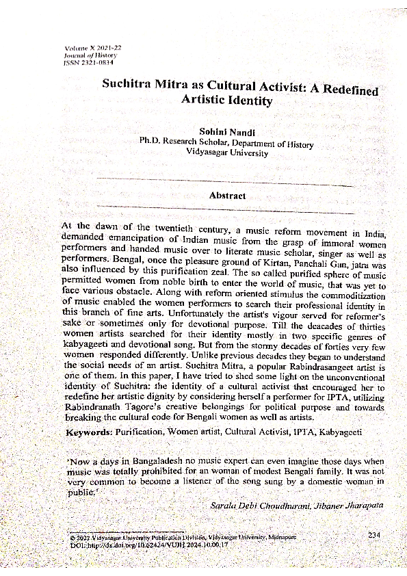 (PDF) SUCHITRA MITRA AS CULTURAL ACTIVIST: A REDEFINED ARTISTIC IDENTITY