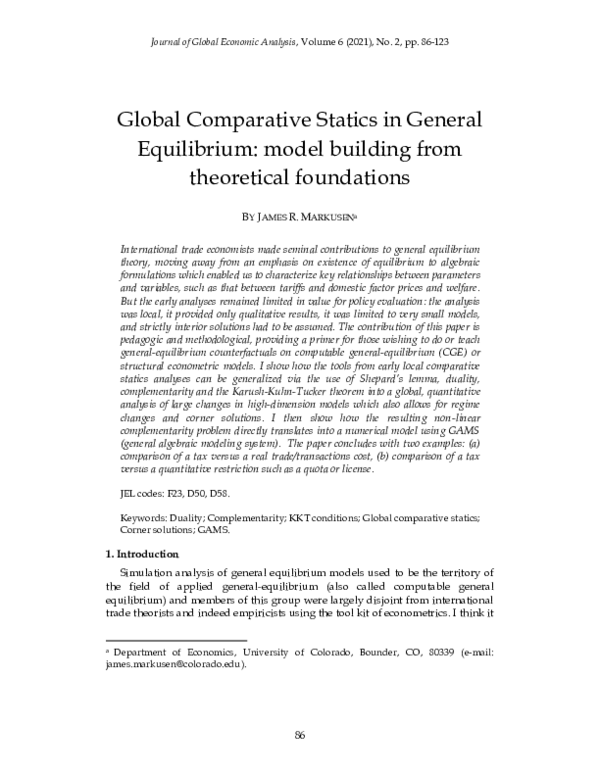 (PDF) Global Comparative Statics in General Equilibrium: model building from theoretical foundations