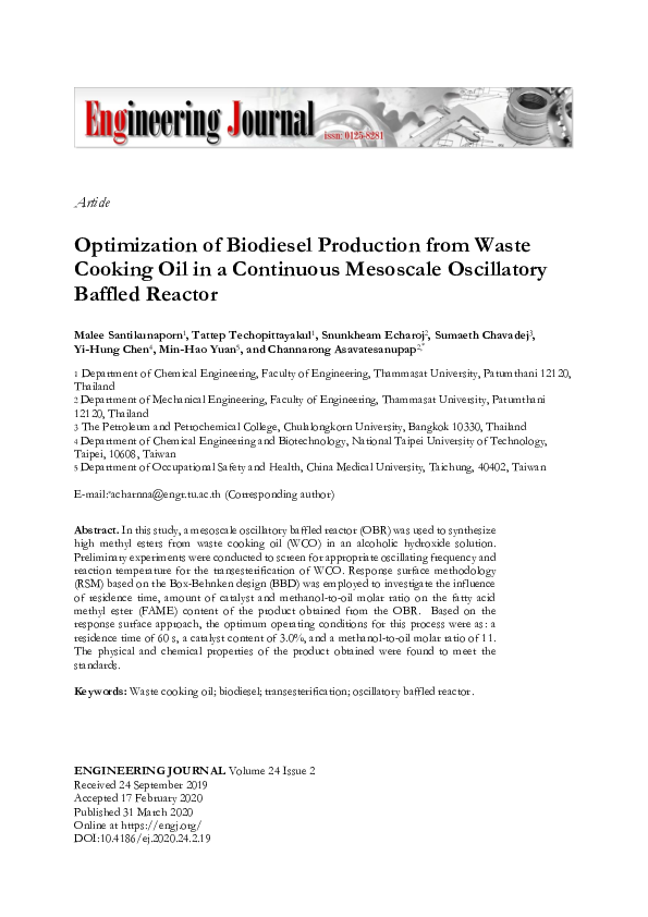 (PDF) Optimization of Biodiesel Production from Waste Cooking Oil in a ...