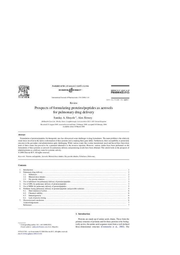 (PDF) Prospects of formulating proteins/peptides as aerosols for ...