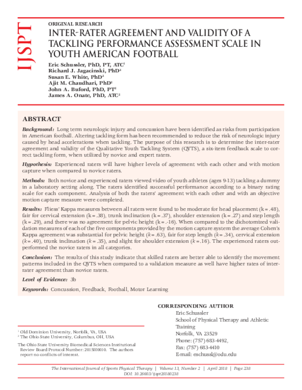 (PDF) Inter-Rater Agreement and Validity of a Tackling Performance ...