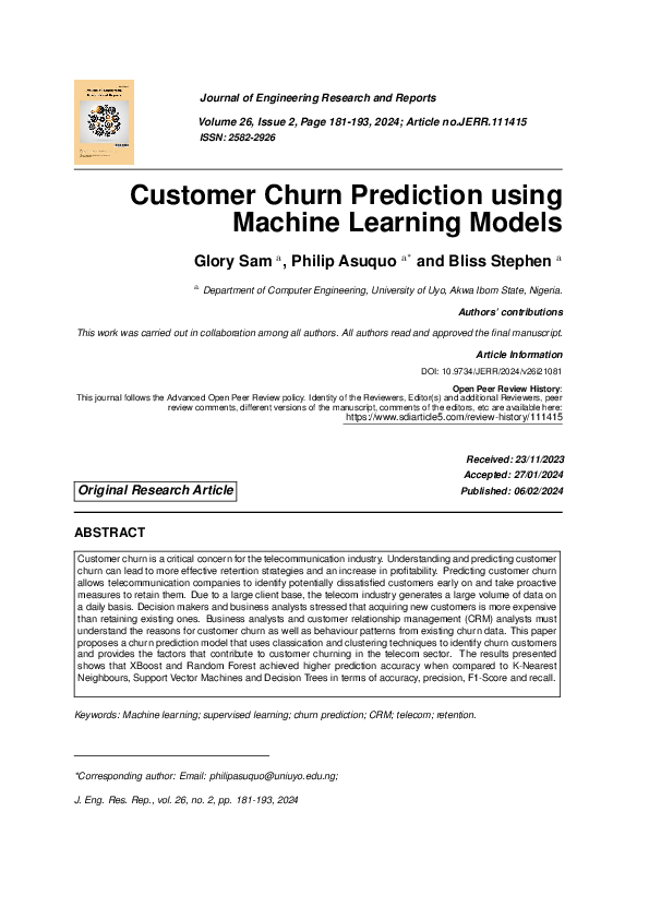 Pdf Customer Churn Prediction Using Machine Learning Models