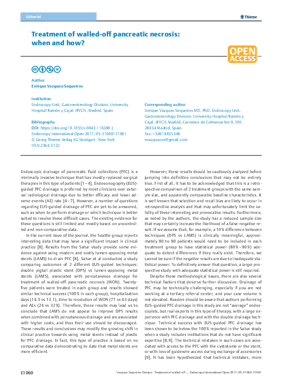 (PDF) Treatment of walled-off pancreatic necrosis: when and how?