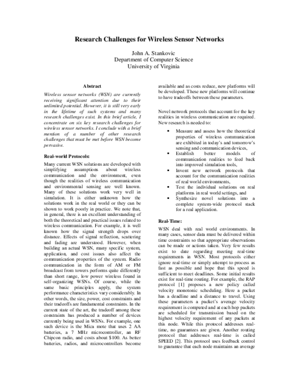 (PDF) Research challenges for wireless sensor networks