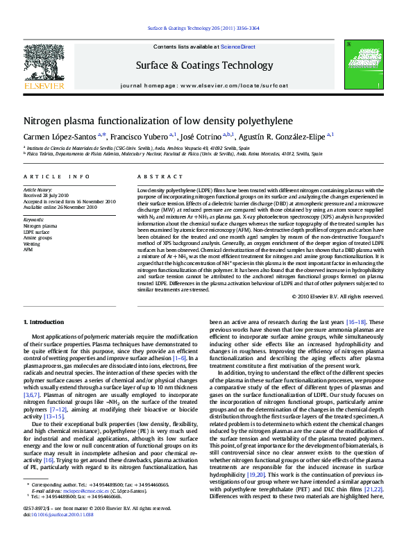 (PDF) Nitrogen plasma functionalization of low density polyethylene