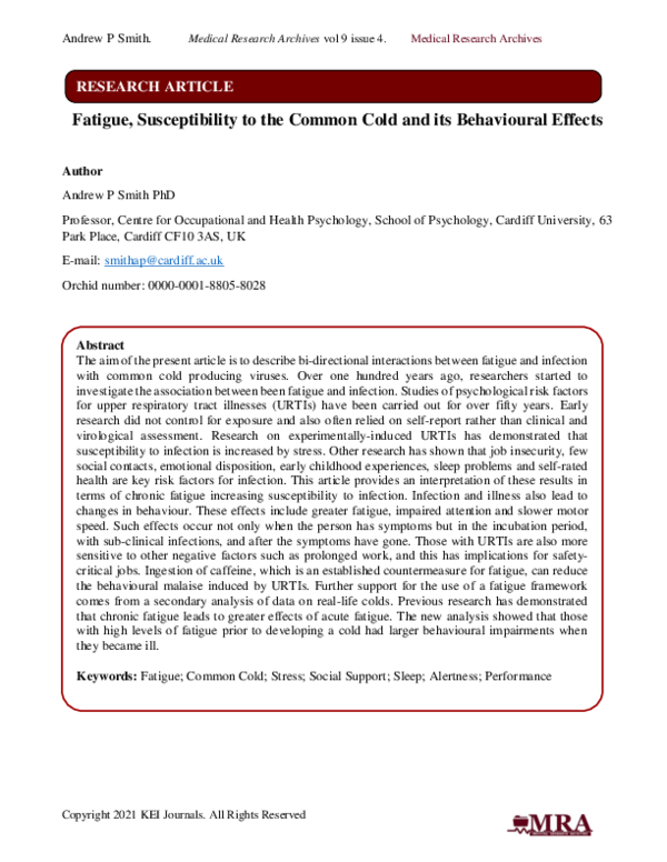 (PDF) Fatigue, Susceptibility to the Common Cold and its Behavioural ...