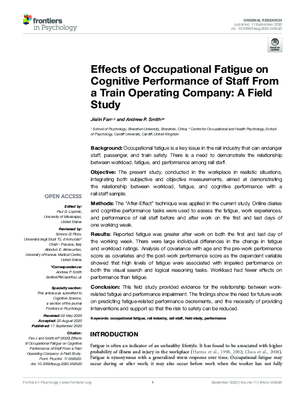 (PDF) Effects of Occupational Fatigue on Cognitive Performance of Staff ...
