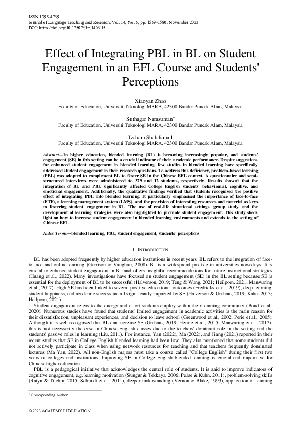 (PDF) Effect of Integrating PBL in BL on Student Engagement in an EFL ...