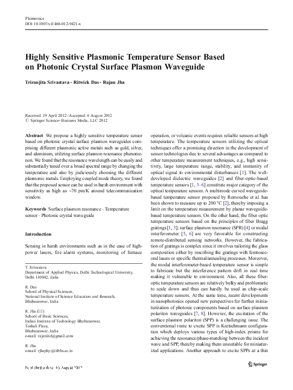 (PDF) Highly Sensitive Plasmonic Temperature Sensor Based on Photonic Crystal Surface Plasmon ...