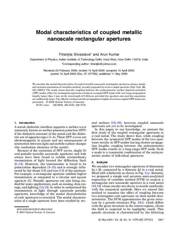 (PDF) Modal characteristics of coupled metallic nanoscale rectangular apertures