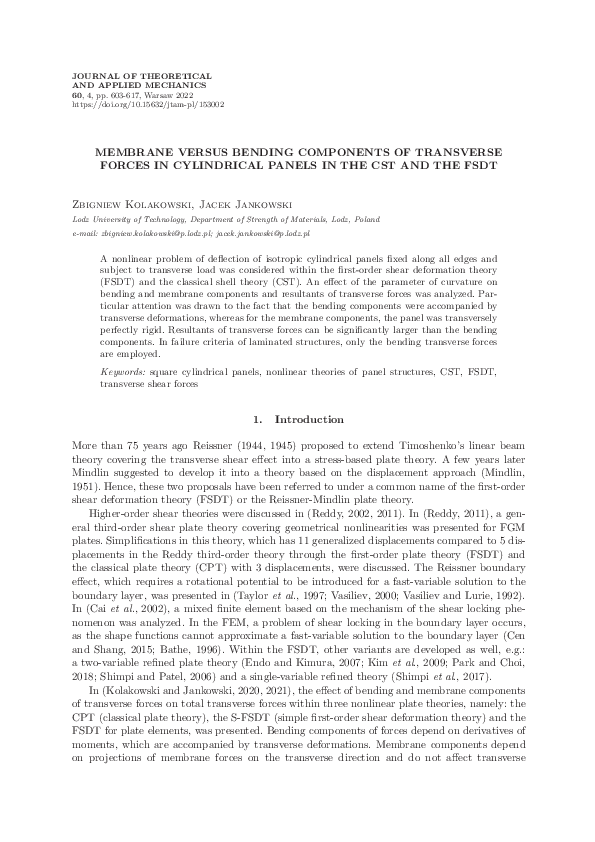 (PDF) Membrane versus bending components of transverse forces in ...
