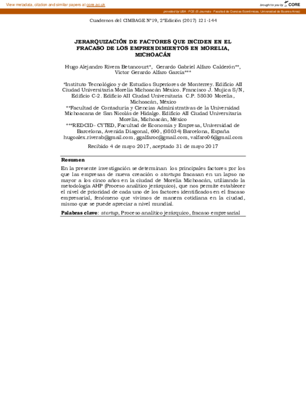 (PDF) Jerarquización De Factores Que Inciden en El Fracaso De Los Emprendimientos en Morelia ...